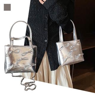 【MoonDy】小包包 手提包 斜背包 銀色包包 蝴蝶結包包 韓國包包 小方包 葛雷系 可愛包包 送女生 生日禮物