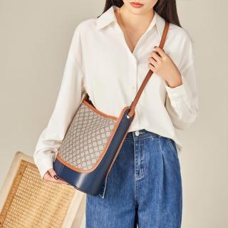 【MoonDy】包包 水桶包 肩背包 斜背包 真皮水桶包 牛皮斜背包 通勤大包包 大容量托特 老花包包 棕色包包 質感包包 禮物