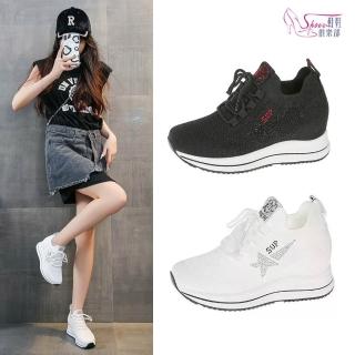 【ShoesClub 鞋鞋俱樂部】亮片星星款 透氣柔軟懶人套式休閒鞋 小白鞋 內增高鞋 女鞋 黑/白 023-FST02 (現貨+預購）