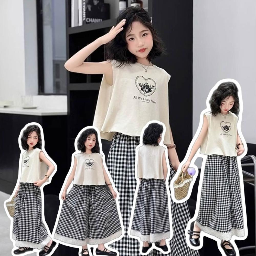 【Arbea】中大童120-170碼韓國版夏季女童套裝新款兒童洋氣時髦背心無袖格子闊腿褲兩件套 C1136