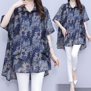 【麗質達人】2111藍色印花襯衣LY(L-5XL)