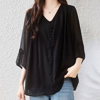 【麗質達人】5180黑色雪紡上衣LY(L-5XL)