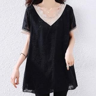 【麗質達人】535蕾絲滾邊V領上衣-LY (L-5XL)