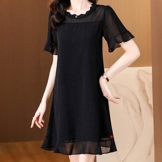 【麗質達人】5975黑色假二件洋裝-LY (L-5XL)