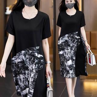 【麗質達人】9641黑色印花假二件洋裝-LY (L-5XL)