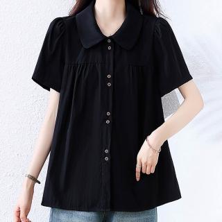 【麗質達人】6594黑色翻領短袖上衣-LY (L-5XL)