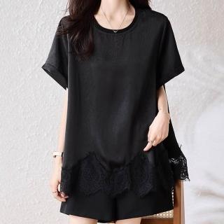 【麗質達人】5339黑色蕾絲拼接假二件上衣-LY (L-5XL)