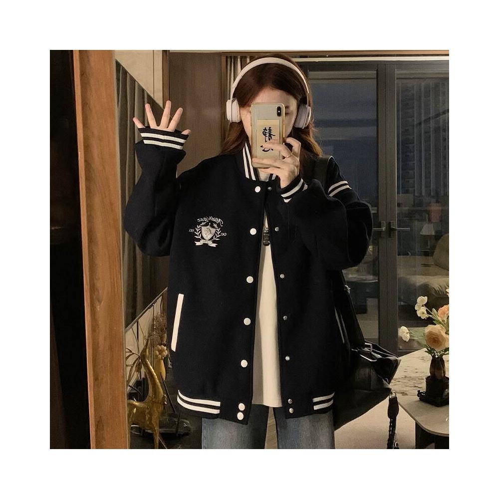 加棉復古棒球服外套女秋冬季2024新款美式學院風拼接寬松毛呢夾克