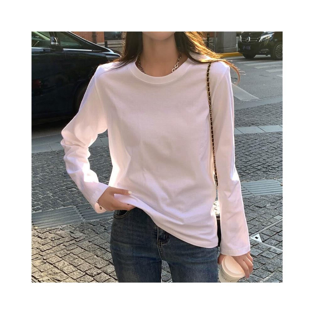 白色長袖打底衫女春秋2025春季棉正肩T恤內搭疊穿圓領寬松上衣