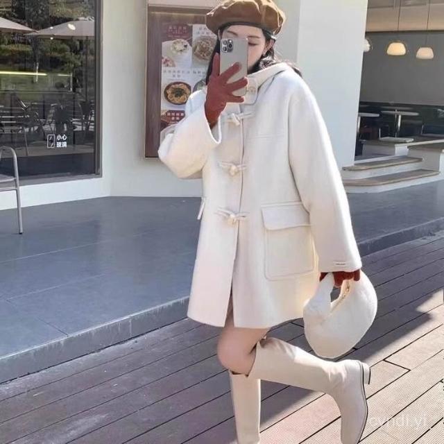 雙麵羊毛大衣女中長版韓版小個子牛角扣學院風新款秋冬毛呢外套 韓版女生外套 保暖長款外套 羽絨外套連帽1217 OAHH
