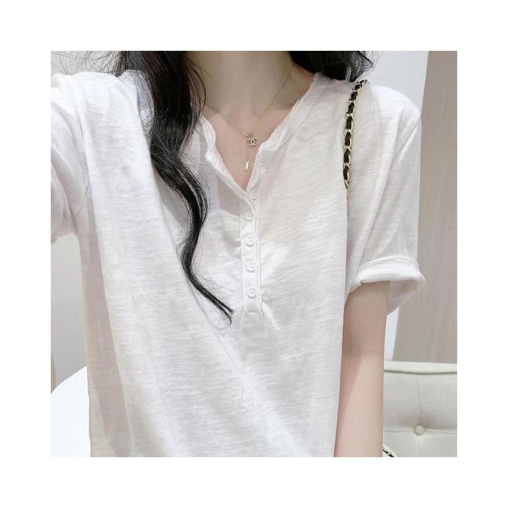 竹節棉大碼慵懶風卷邊寬松百搭T恤女夏季短袖設計感上衣廠家直銷 ef4