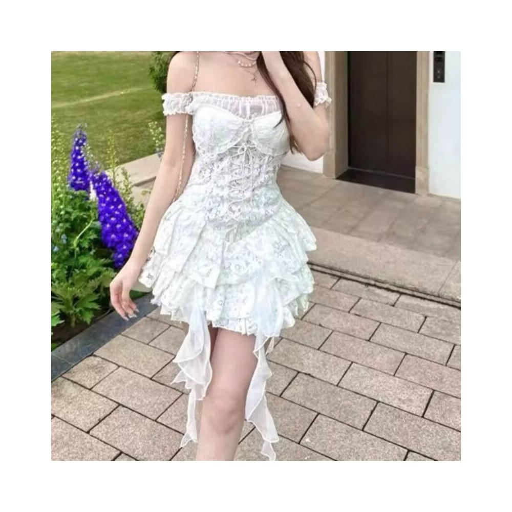 希妍 純欲辣妹新品少女感蕾絲拼接連衣裙夏季新款收腰顯瘦蛋糕裙短裙子