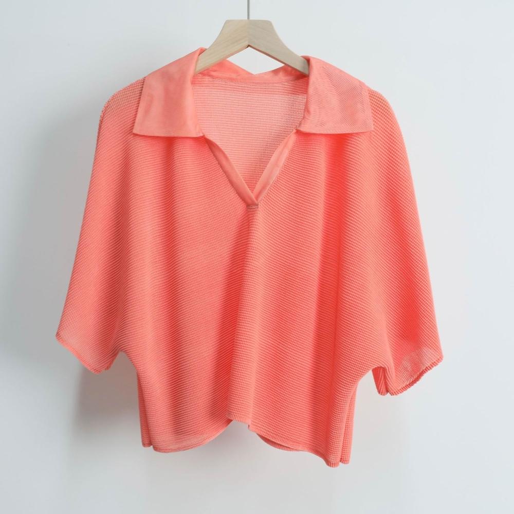 希妍 三宅POLO領短款T恤女減齡洋氣褶皺夏季新款休閑百搭顯瘦純色上衣