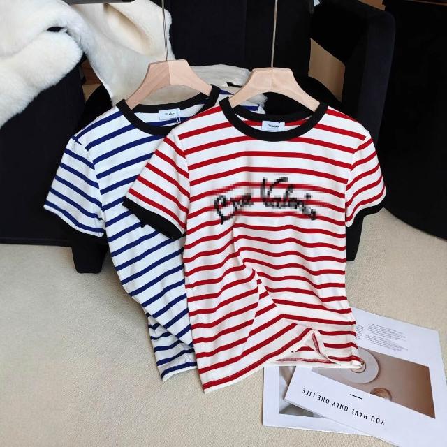 希妍 5800+ VL25夏新款女裝植絨字母條紋休閑圓領螺紋領針織短袖T恤