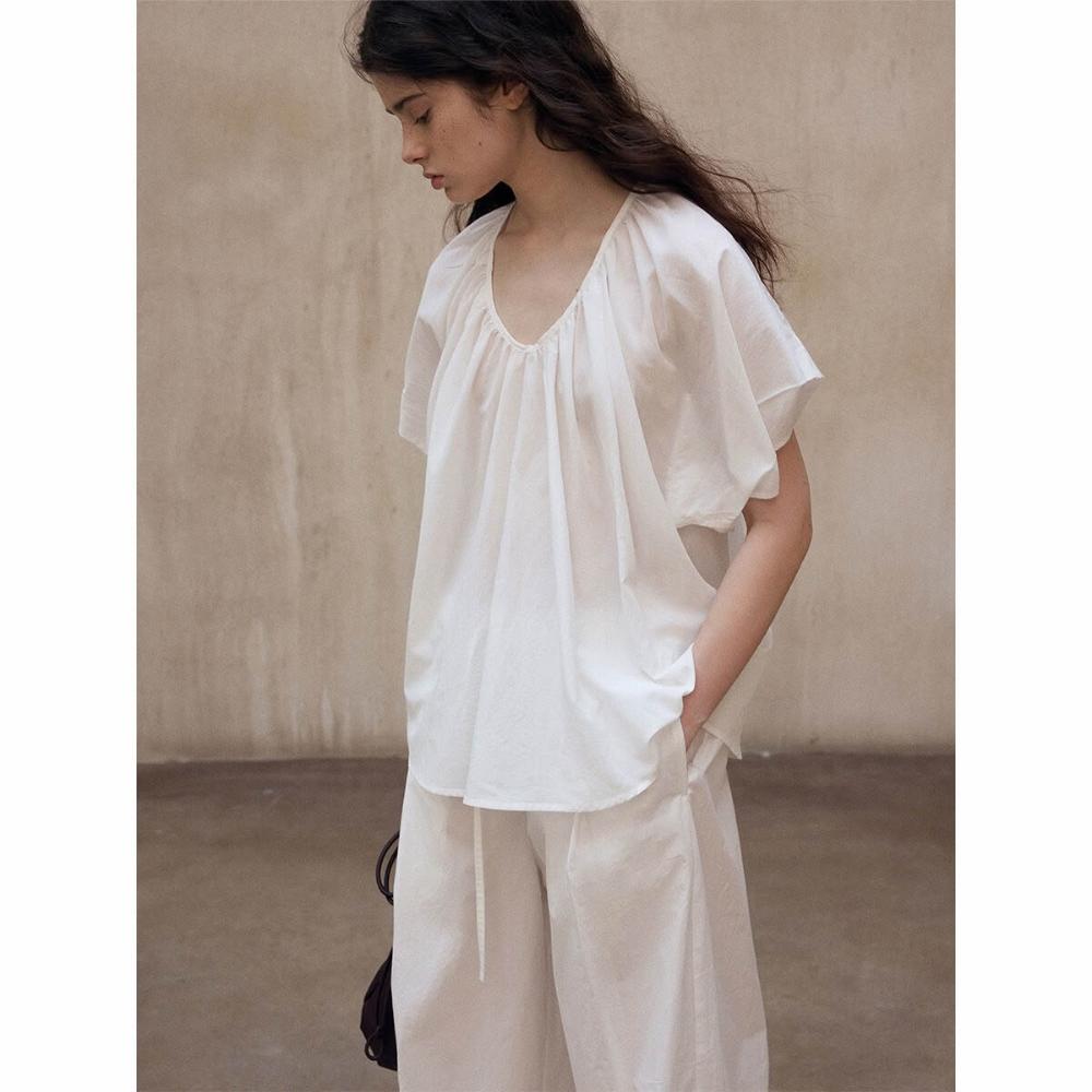 希妍 夏季輕盈舒適絹絲感荷葉袖壓褶上衣簡約通勤百搭女