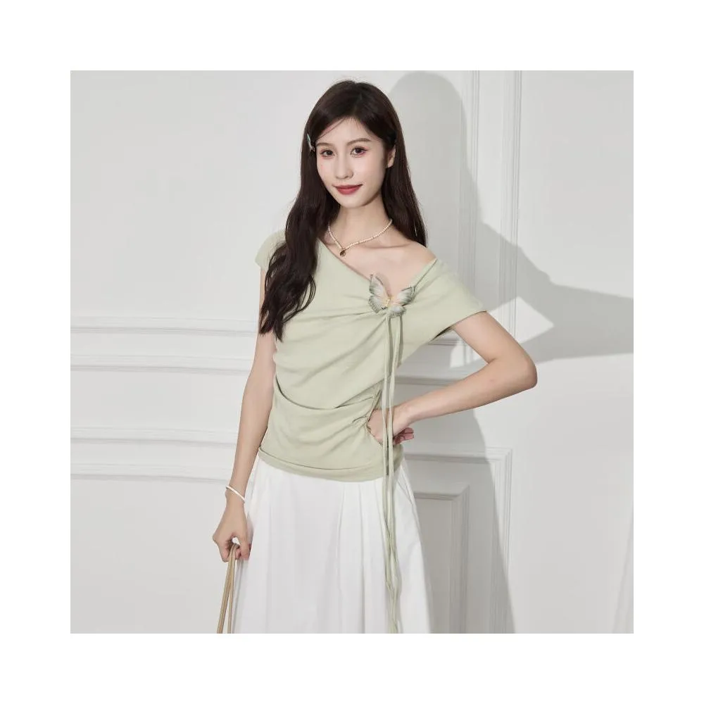 希妍 夏日獨特淺藍斜肩短袖T恤衫女氛圍感蝴蝶結修身收腰上衣