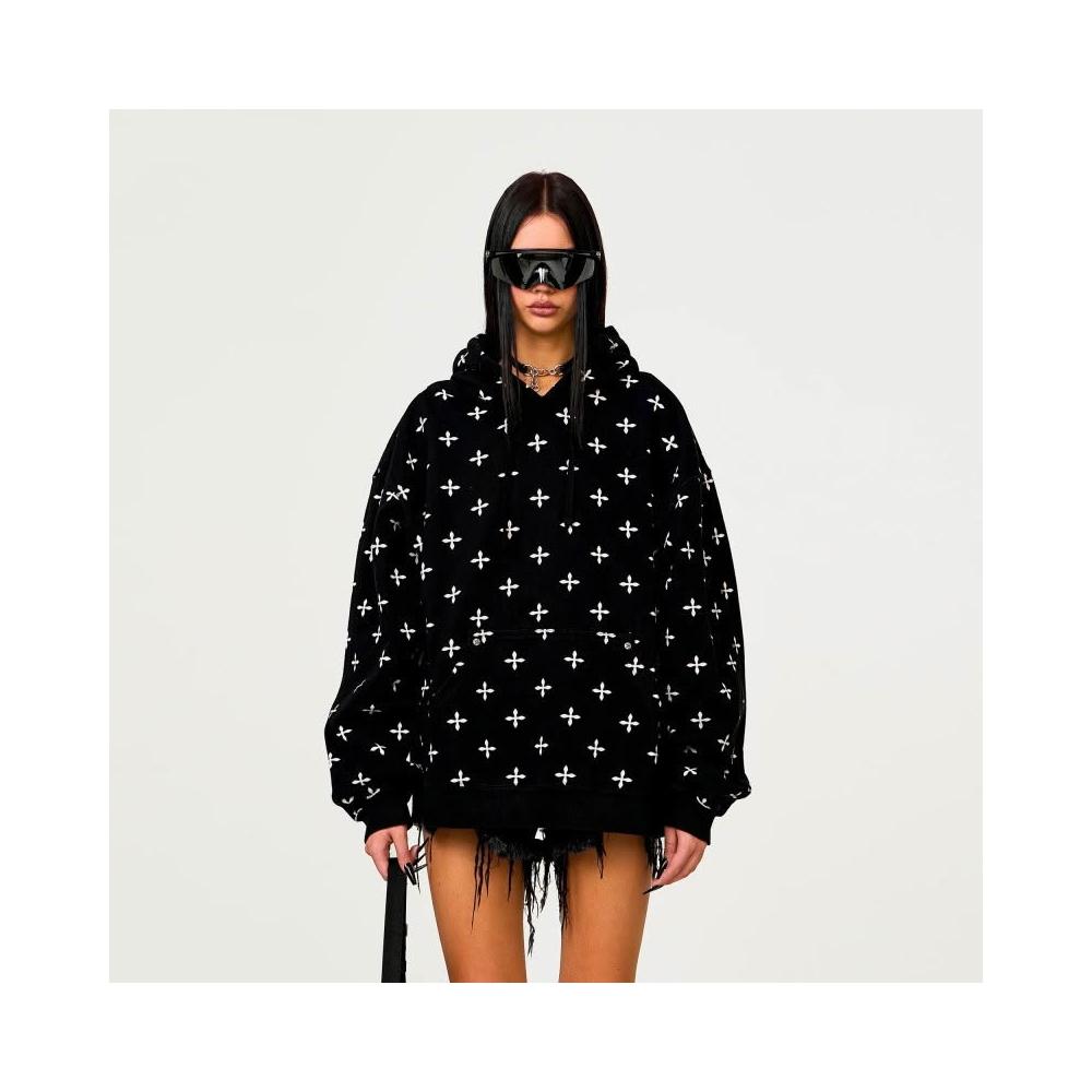 SMFK黑花園闊身帽衫滿印十字花全棉連帽衛衣25年春新款