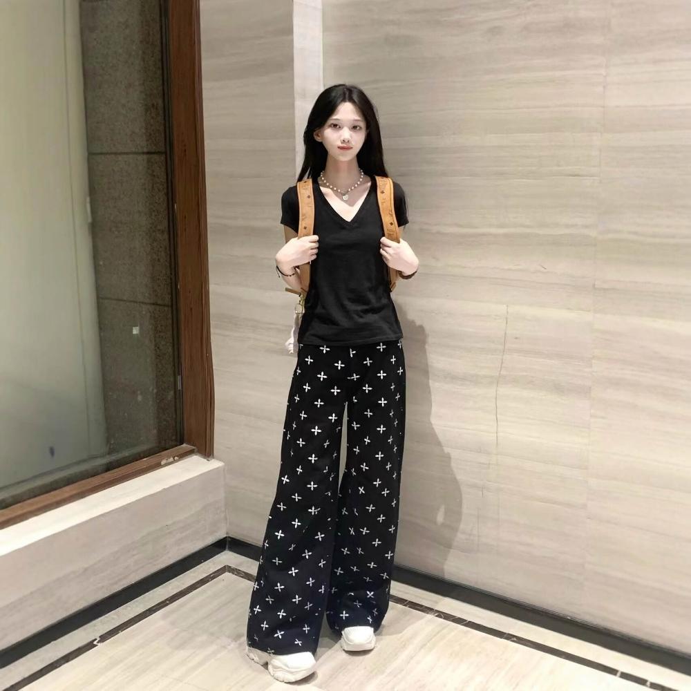 漫語 現貨高版本~25新款SMFK黑花園闊腿運動褲寬松十字花滿印休閑褲女