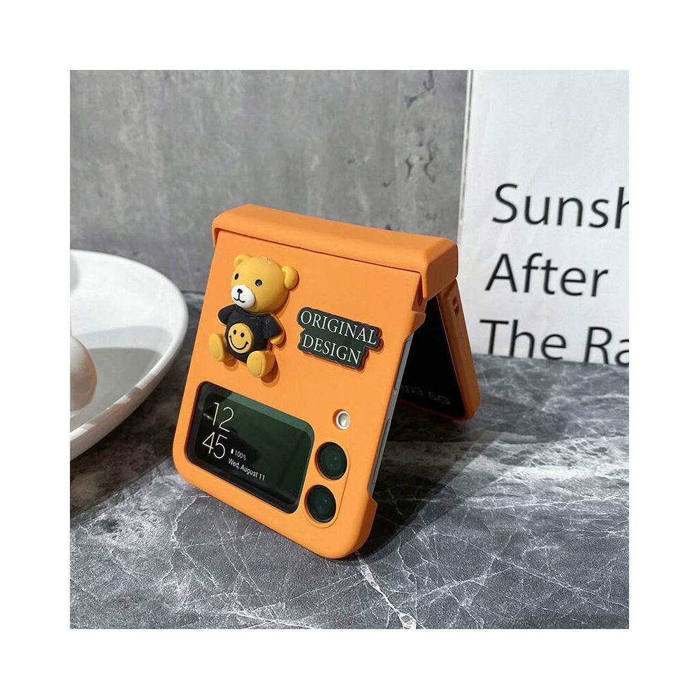 適用三星ZFLIP4手機殼全包小熊橙色鉸鏈zflip3保護套ins風女款硬