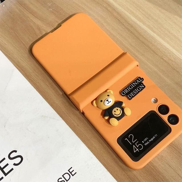 適用三星ZFLIP4手機殼全包小熊橙色鉸鏈zflip3保護套ins風女款硬